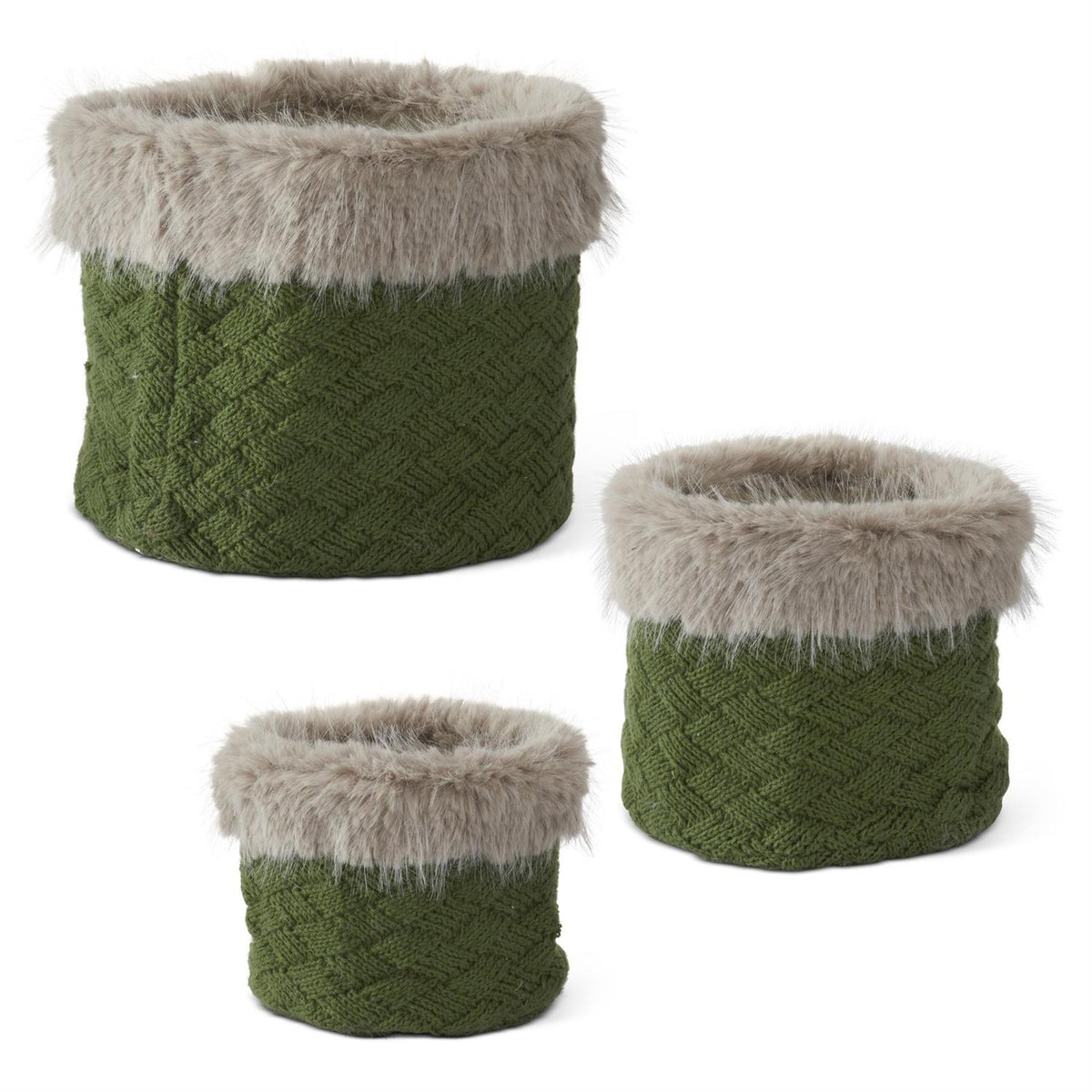 Vegan Fur Trimmed Dark Green Knit Nesting Baskets w/Liners (3 SIZES ...